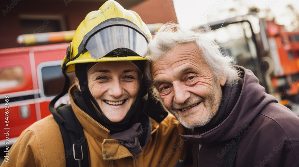 Happy firefighter with senior citizen Safety, brave rescue, survivor ...
