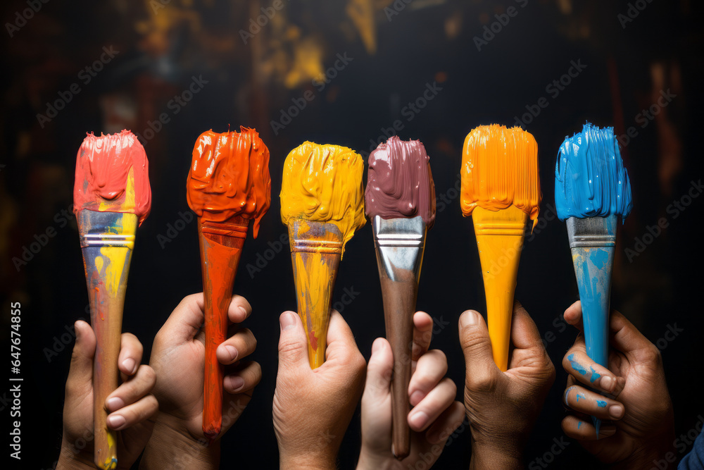 Vibrant collaboration of diverse hands each holding a unique paintbrush ...