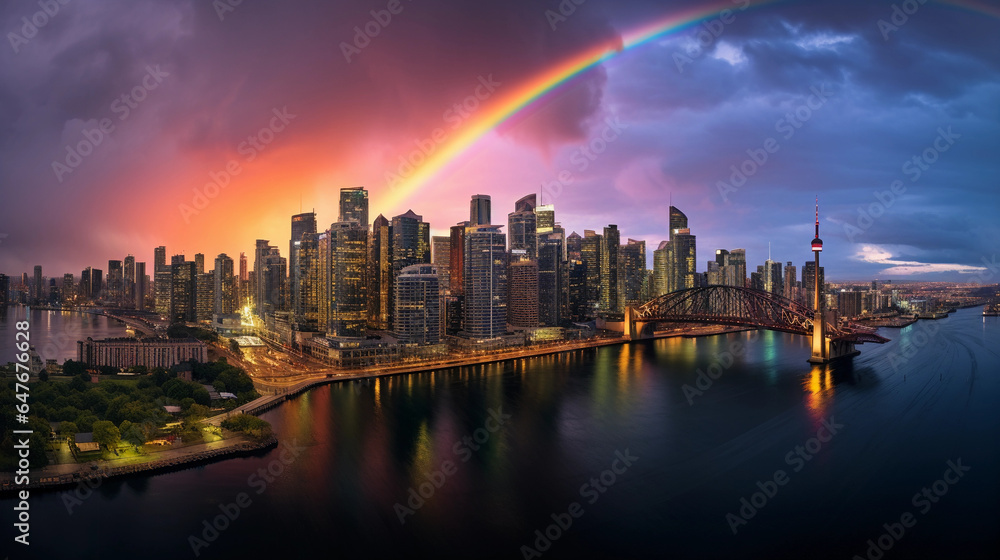 urban rainbow appearing after a rainstorm, highlighting iconic ...