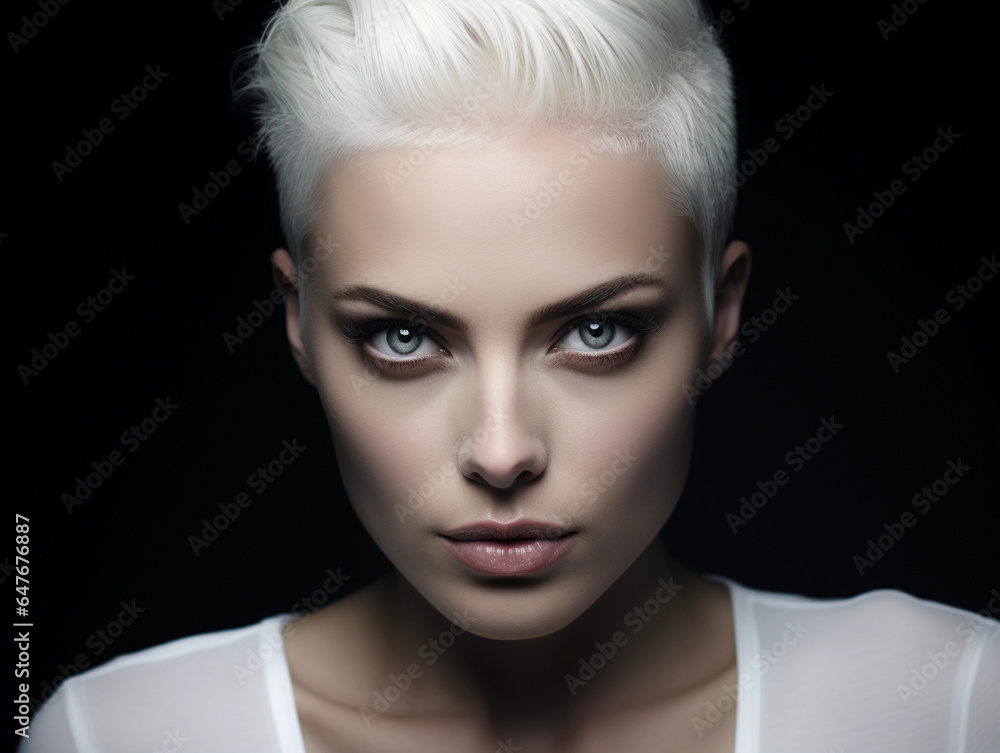 androgynous model, piercing blue eyes, slicked - back platinum blonde ...