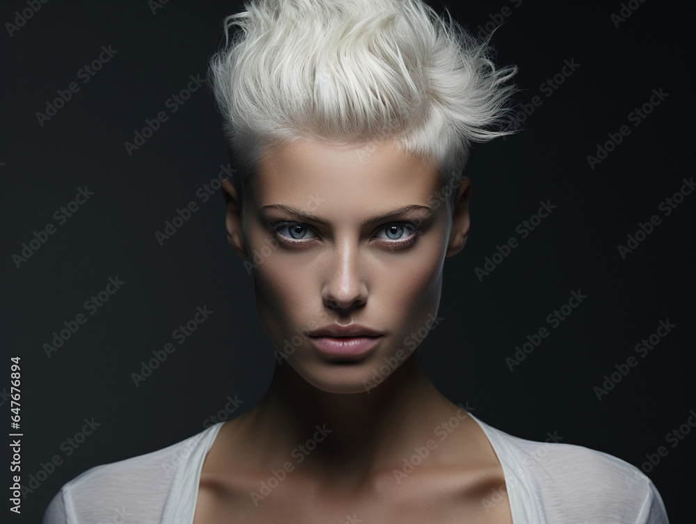 androgynous model, piercing blue eyes, slicked - back platinum blonde ...