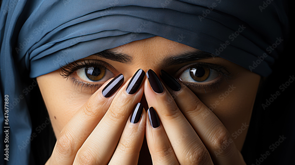 Sad Islamic woman's face in mourning, reflecting deep sorrow. Stock ...