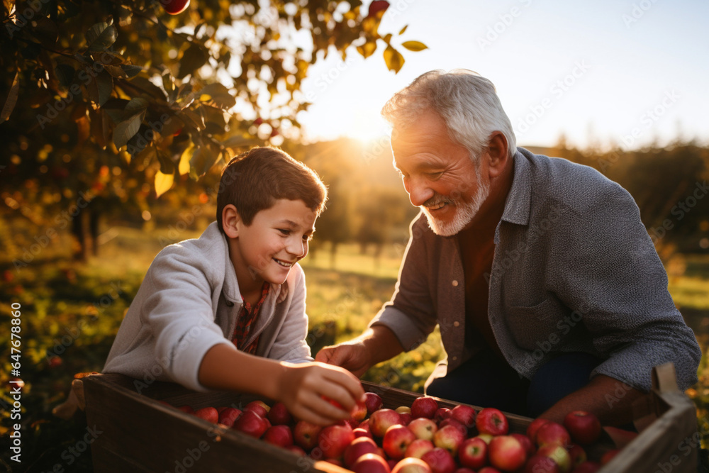 Grandfather and grandson visit the apple orchard, enjoy picking apples ...