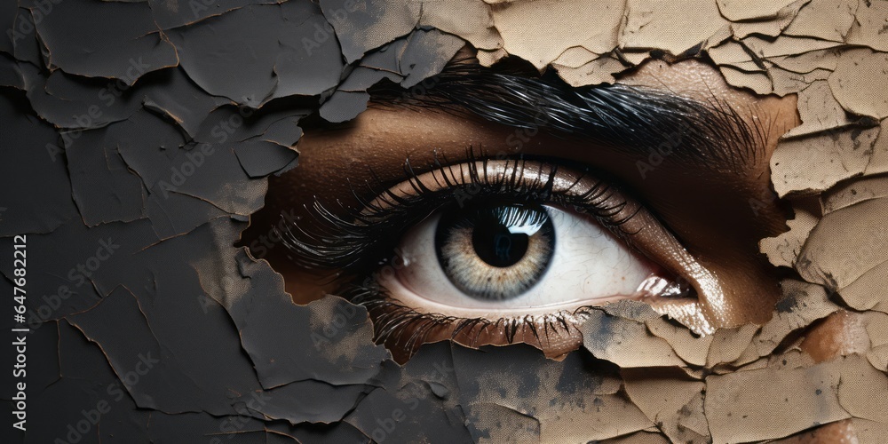 Man is Peering Out from a Mail Gap of a Black Torn Paper, Emanating a ...