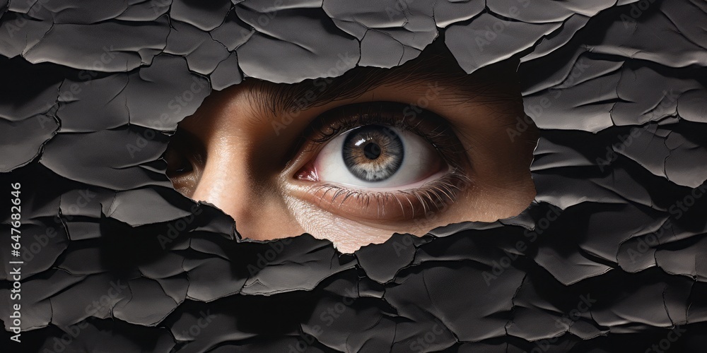 Zdjęcie Stock: Man is Peering Out from a Mail Gap of a Black Torn Paper ...