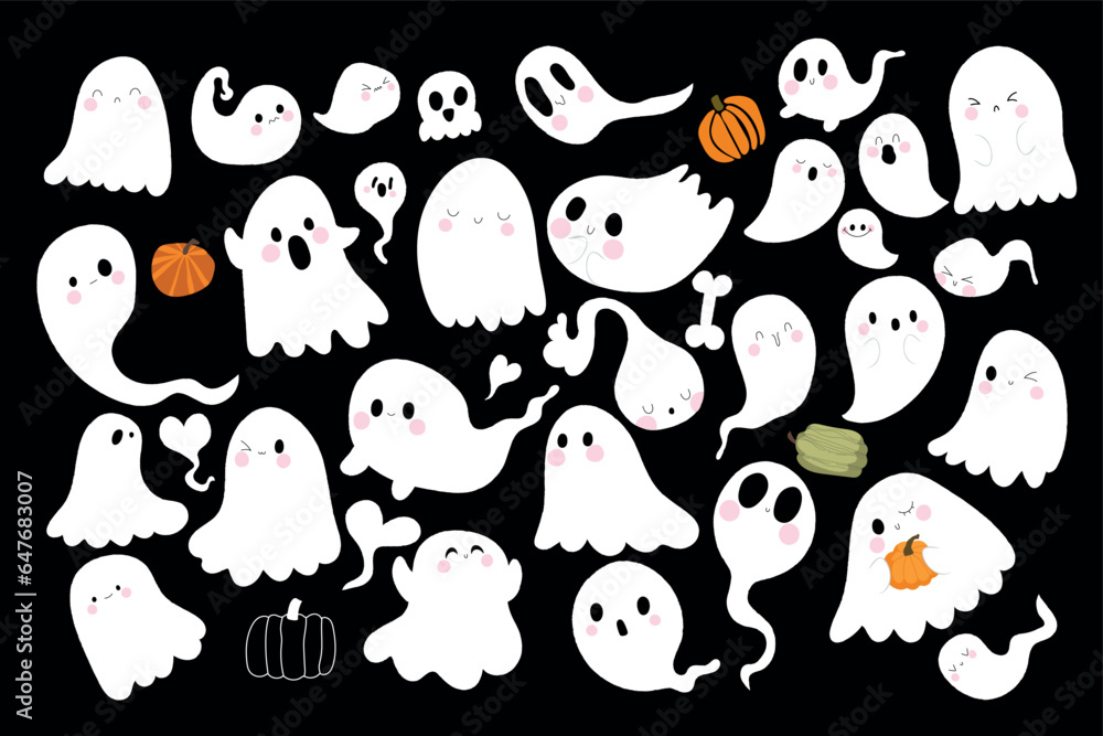 Collection of cute little ghosts with different emotions on black ...