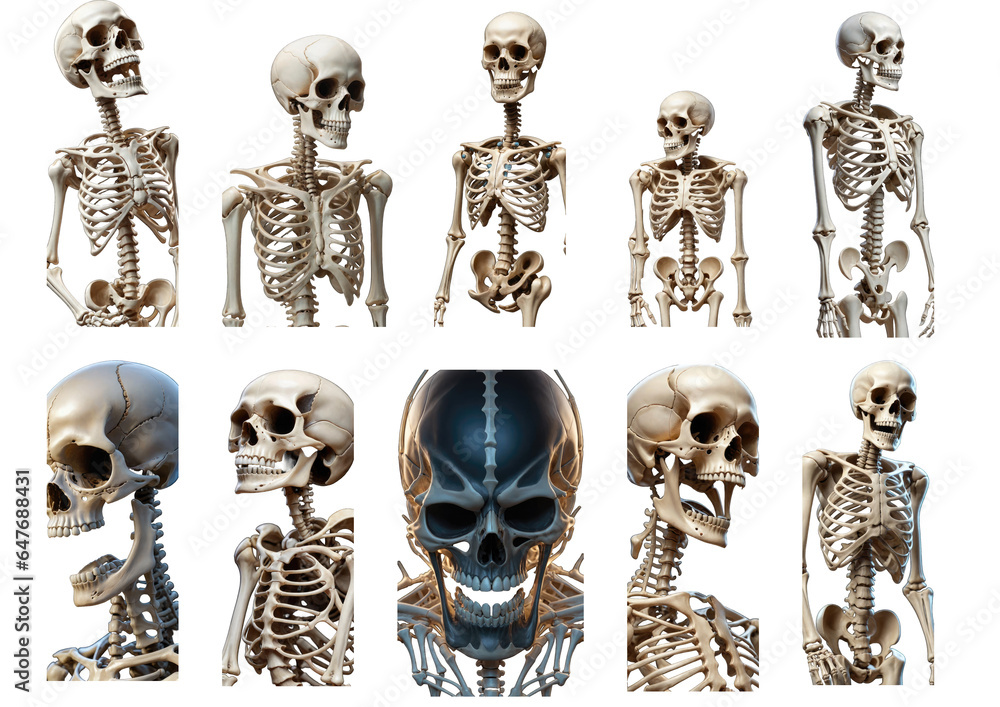 Set of 10 skeletons isolated with no background png illustrations. Non ...