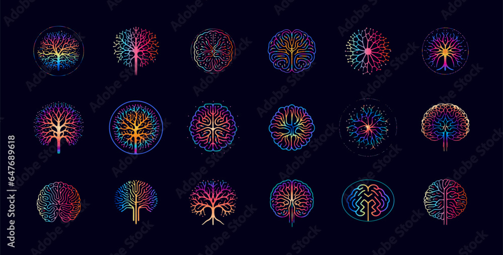 Brain neural network icon set, representing the connection of neurons ...
