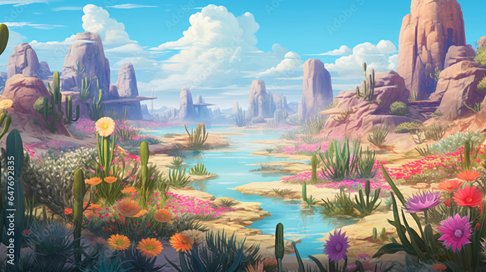 an awe-inspiring artwork featuring a whimsical desert oasis, with lush ...