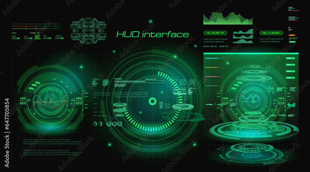 Futuristic green HUD interface. Custom panel with green hologram, portals and object scanning ...