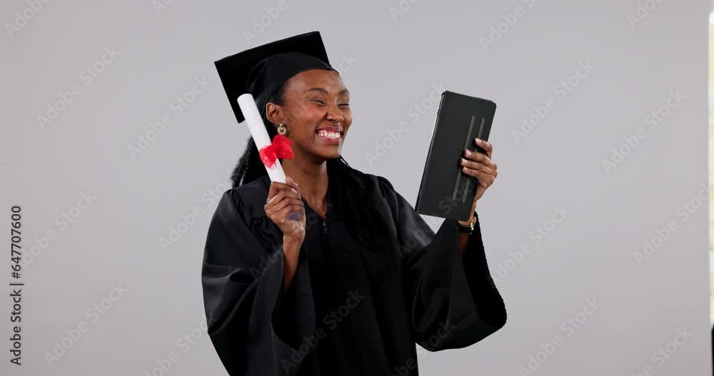 Black woman, graduation and tablet dancing in video call celebration ...