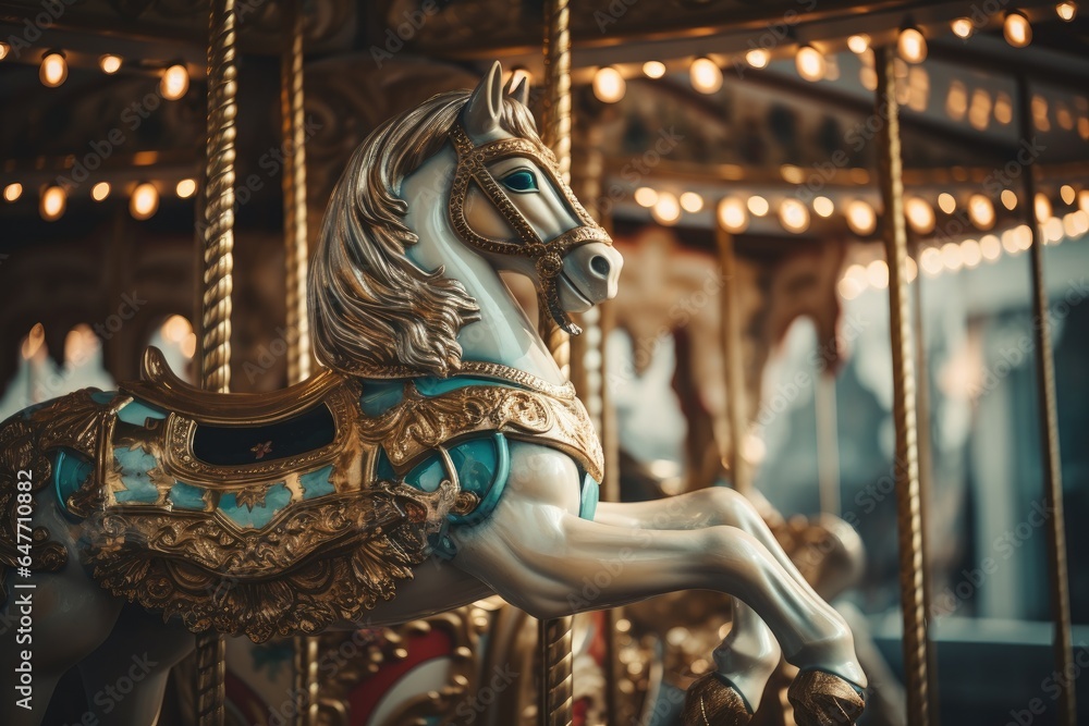 Carousel horse on a carousel at the amusement park in the night Stock ...