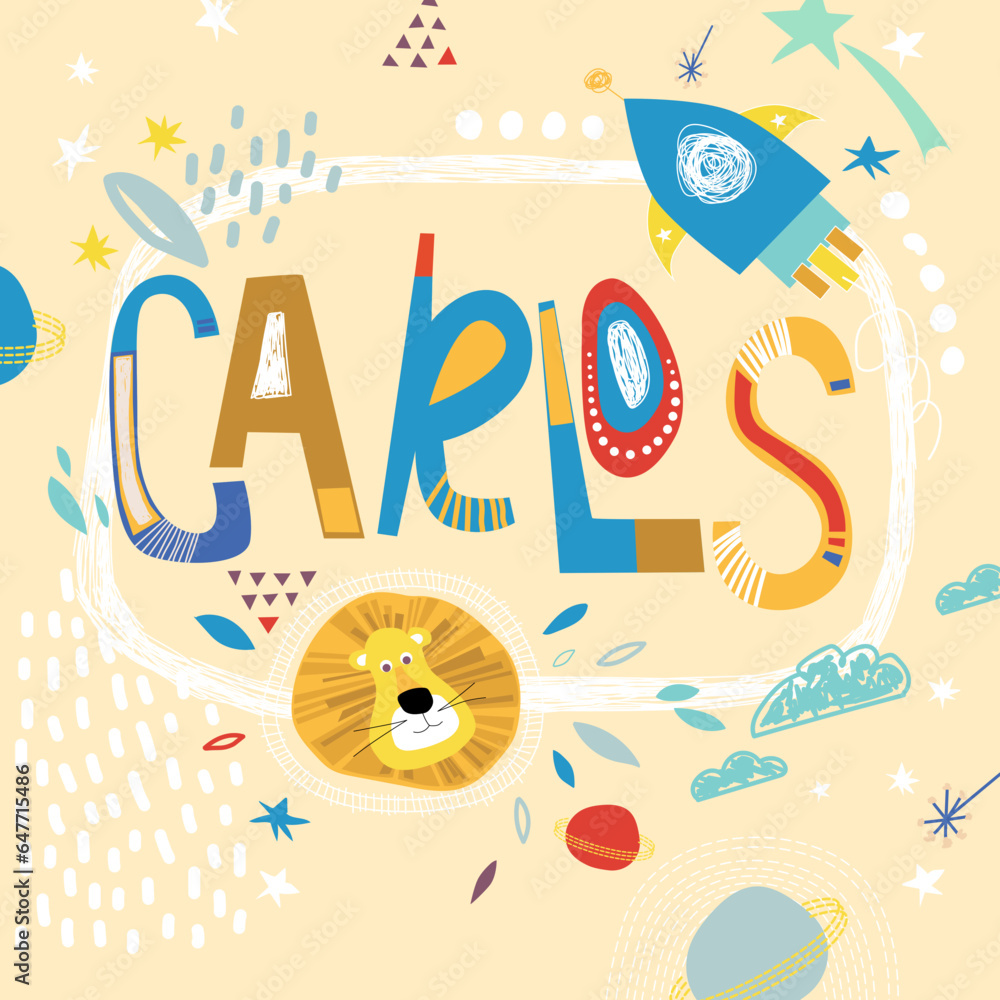 Bright card with beautiful name Carlos in planets, lion and simple ...