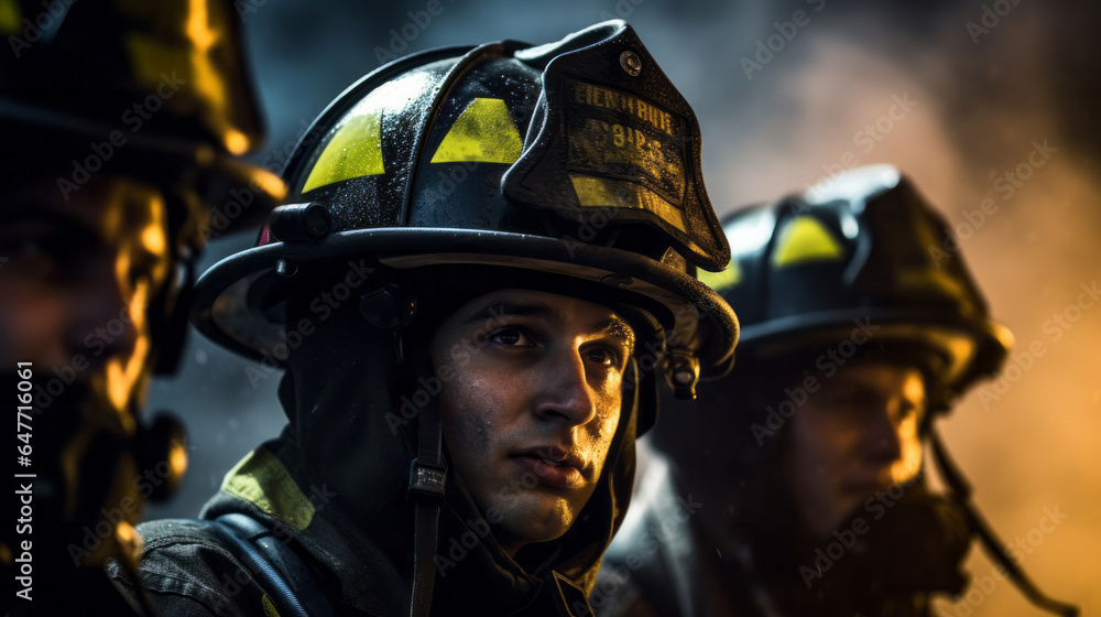Group of firefighters after fire. Brave teamwork for fire safety and ...