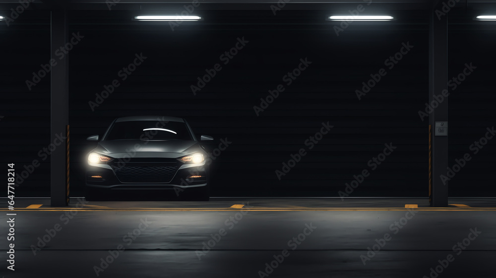 Car at night in underground parking. Dark scenic car park underground ...