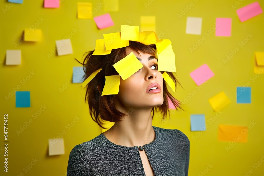 An overburdened female secretary struggles amid a sea of sticky notes ...