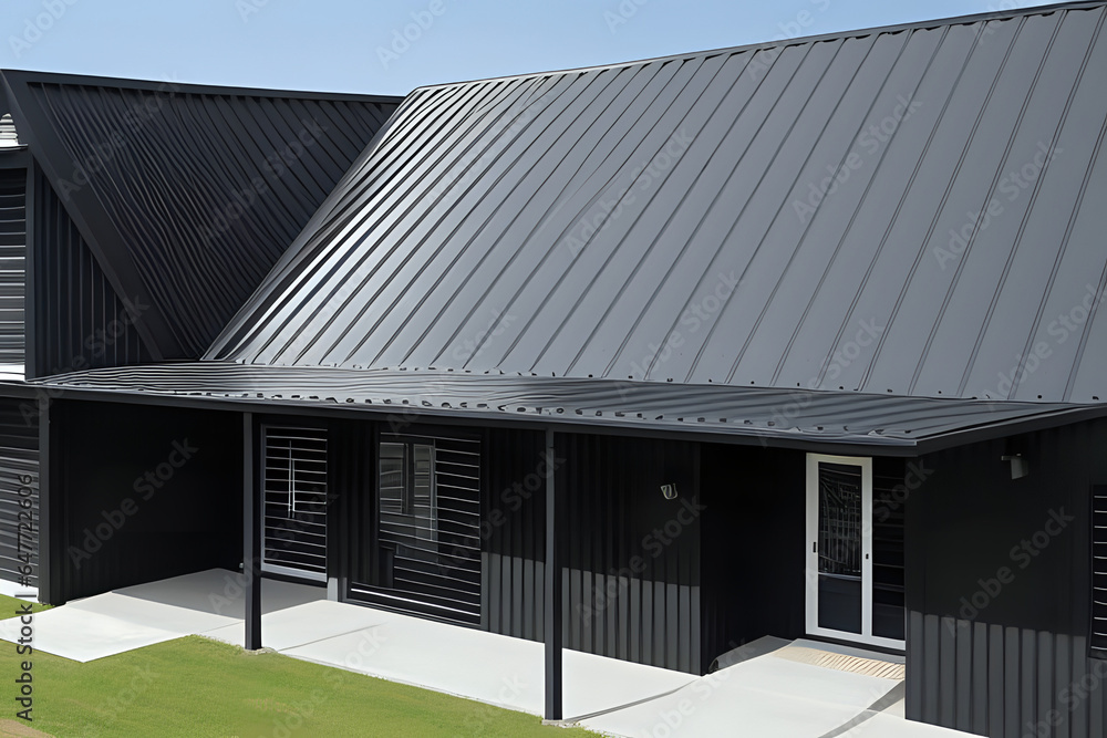 Black corrugated metal roof installed in a semi modern house ...