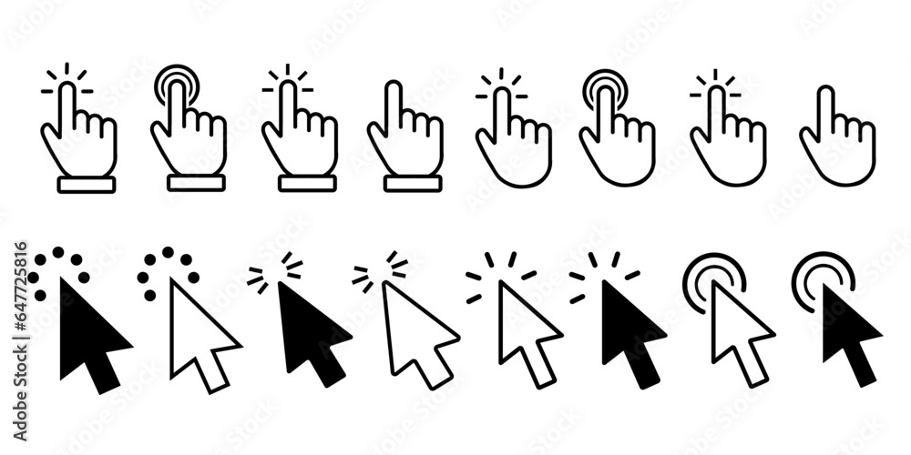 Mouse click cursor set. Click icon. Mouse pointer set. Arrow and hand ...