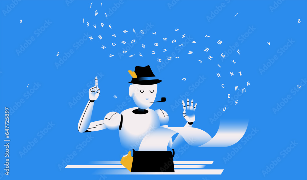 Robot typing on a typewriter. Artifical intelligence, chatbots ...
