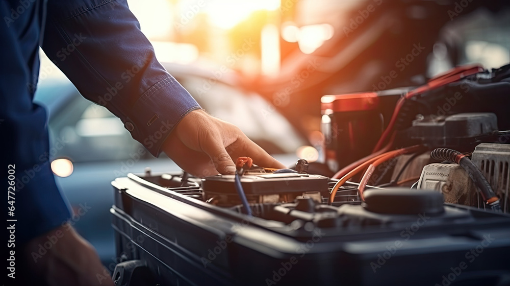 Technician is repairing in auto repair Service electric battery and ...