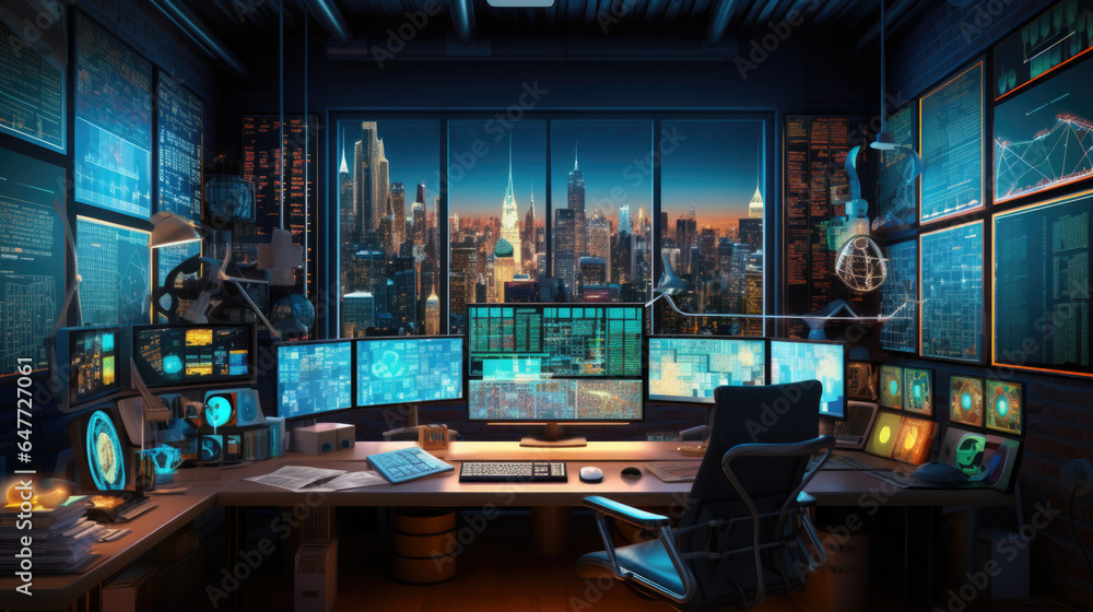 Computers in Monitoring Control Room with Digital Screens with Server ...