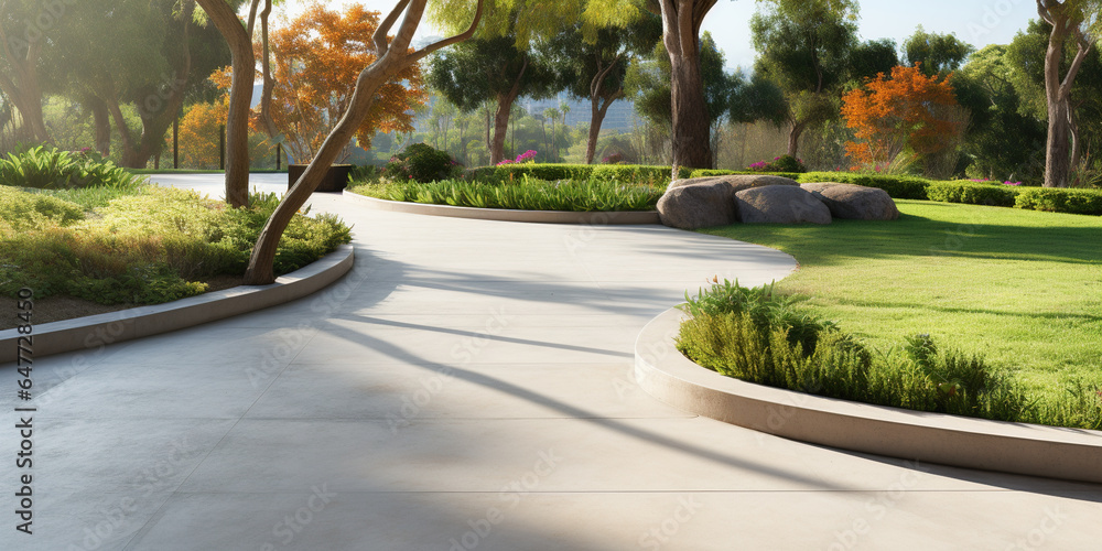 Walkway and landscape in garden, park. Also called path, footpath ...