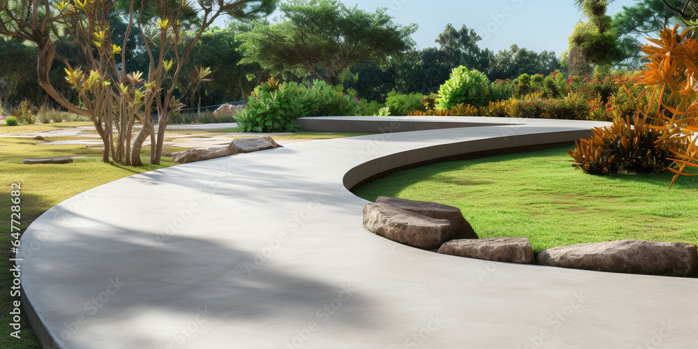 Walkway and landscape in garden, park. Also called path, footpath ...