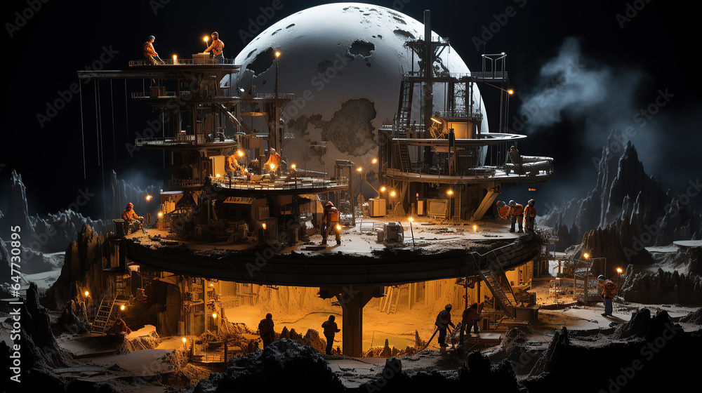 The moon in orbit, being built by construction crews with hardhats and ...