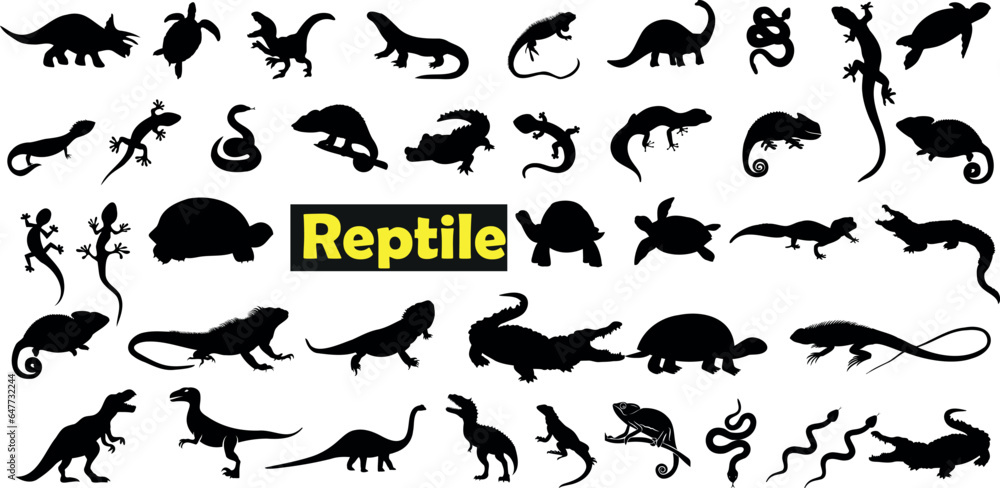 A set of silhouettes of reptiles, including snakes, lizards, turtles ...