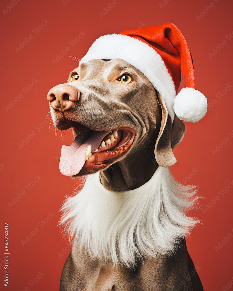 New Year's portrait of a beautiful affable smiling dog with a red Santa ...