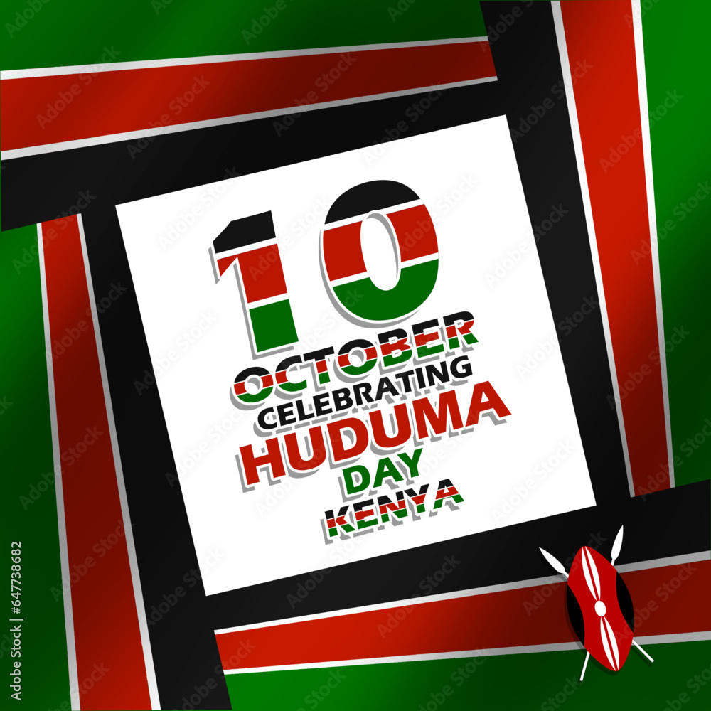 Kenyan flag with ribbon frame, number and bold text on white background ...