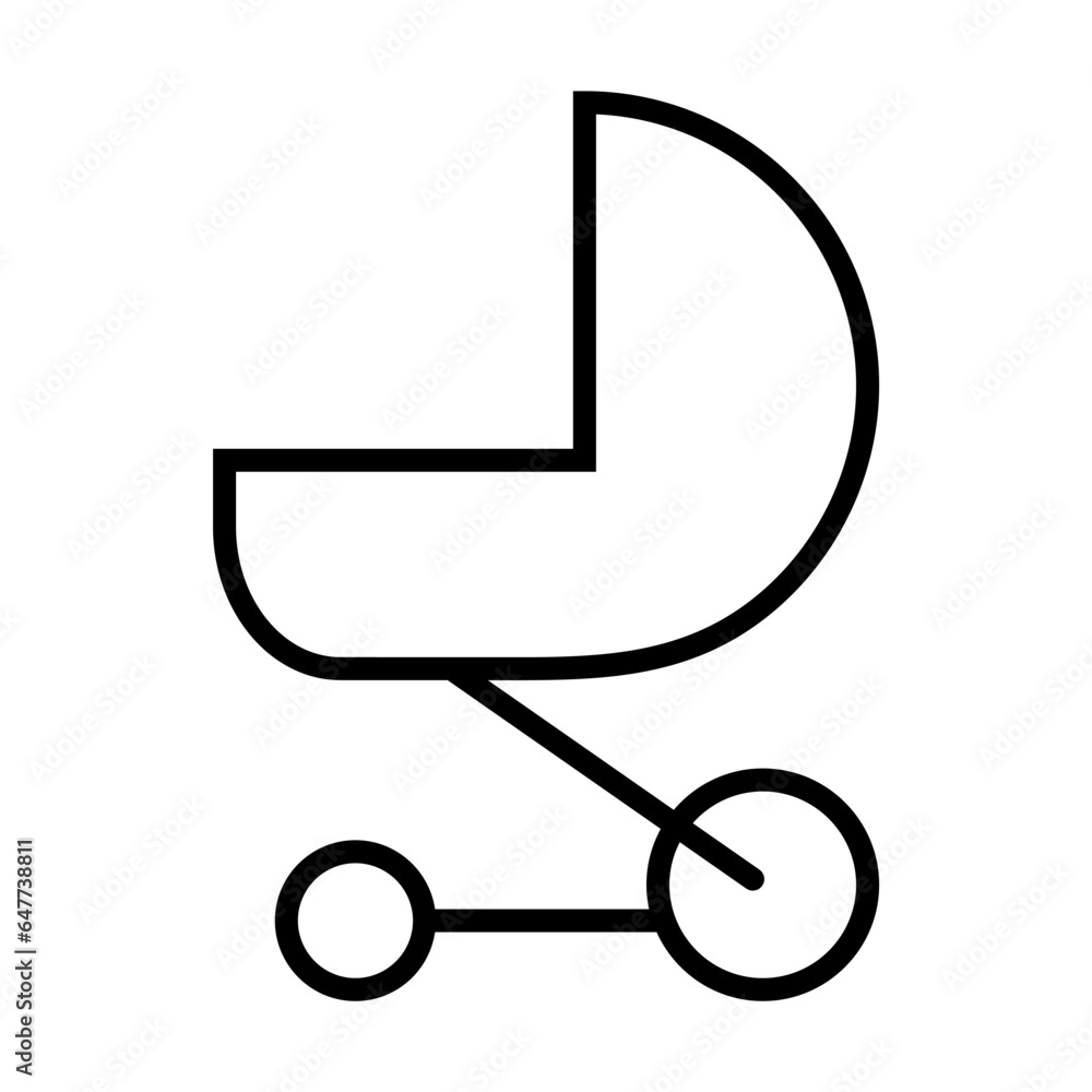 Simple outline of baby stroller with convertible top vector icon. Black ...