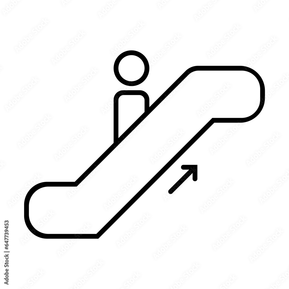 Simple outline of person on escalator going up vector icon. Black line drawing or cartoon ...