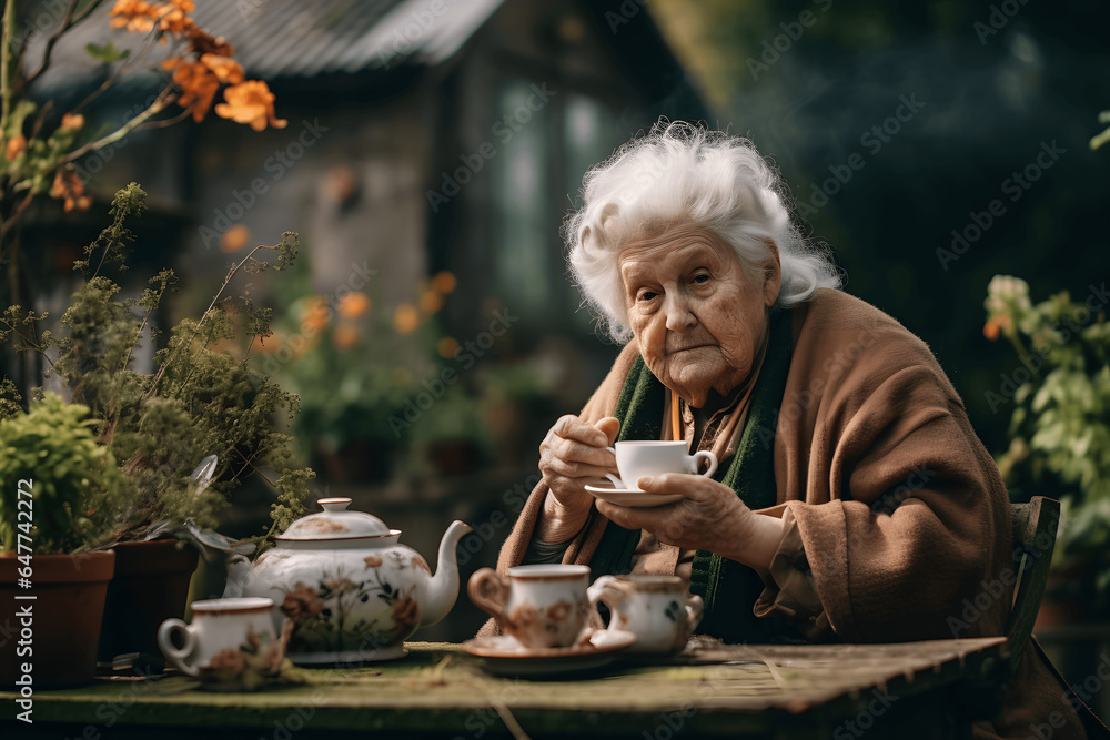 old lady drinking tea in a beautiful garden, tea garden, drinking tea ...