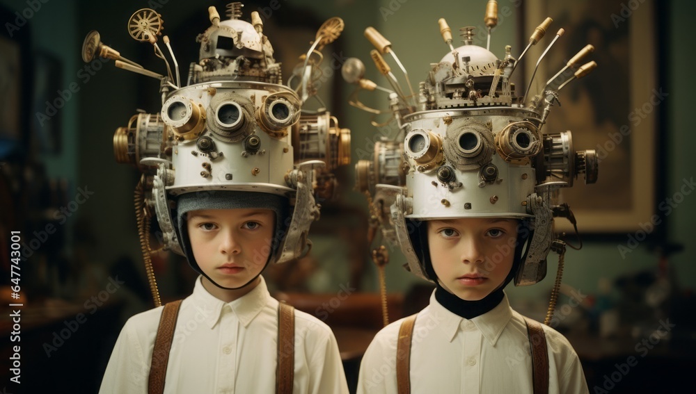 Identical Twins, Dressed in Robot-Themed Suits and Hats, Symbolize the ...