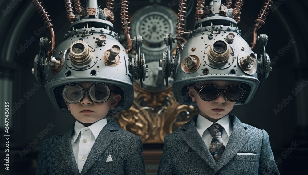 Identical Twins, Dressed in Robot-Themed Suits and Hats, Symbolize the ...