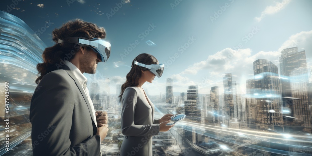 Two People in VR Glasses Contemplate a Structural Cityscape, Merging ...