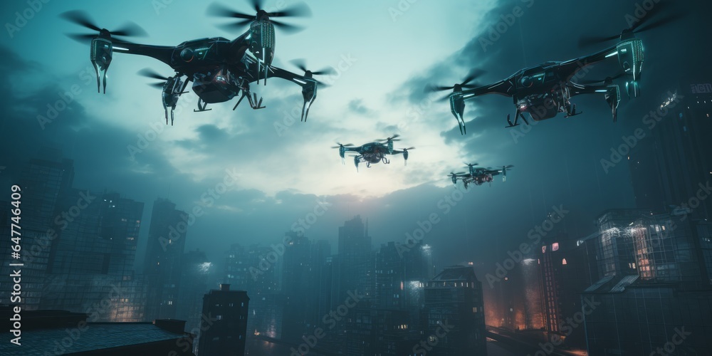 War Drones Soar Over a Burning City, Illustrating the Harsh Realities ...