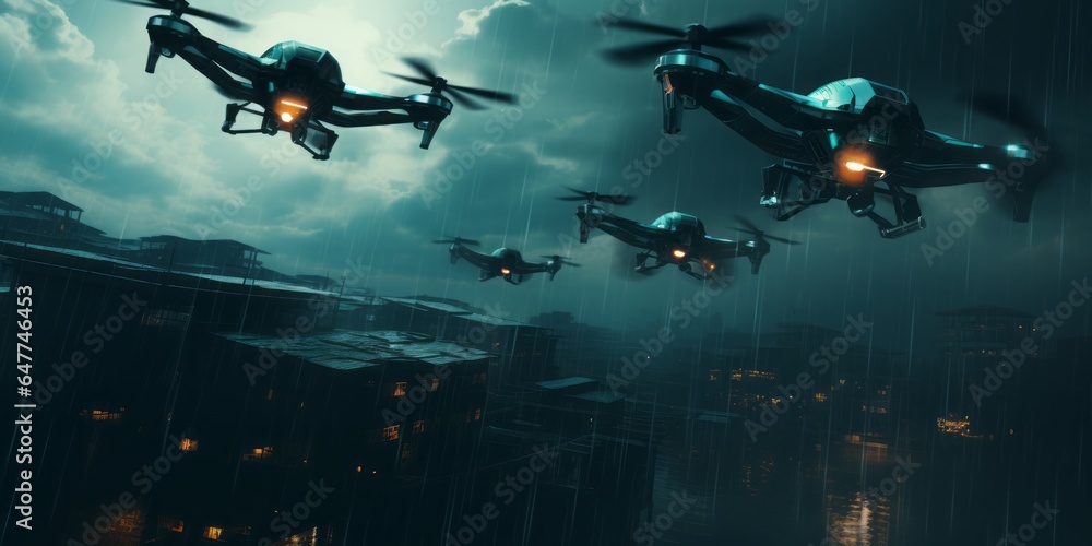War Drones Soar Over a Burning City, Illustrating the Harsh Realities ...