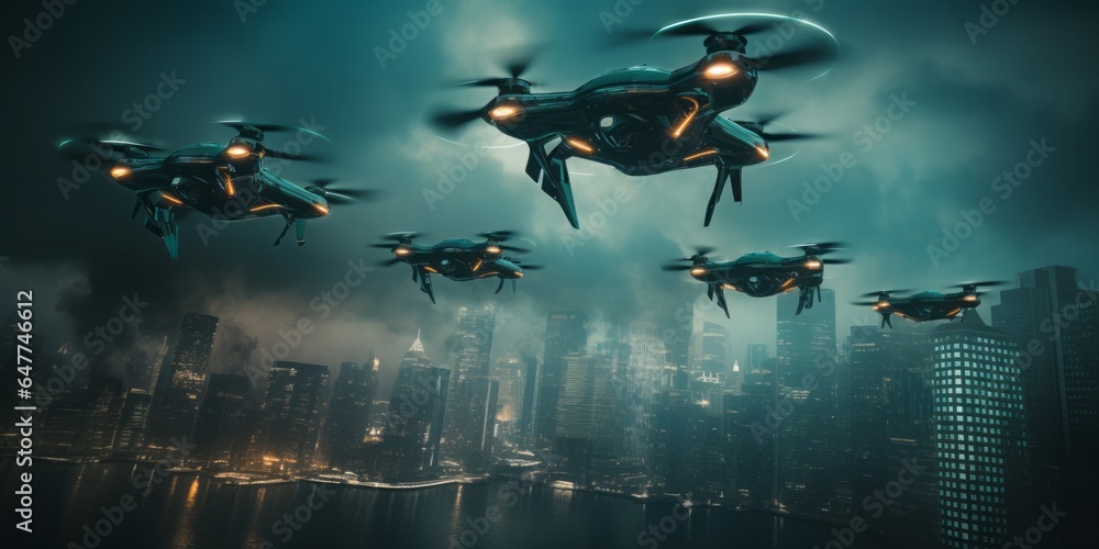 War Drones Soar Over a Burning City, Illustrating the Harsh Realities ...
