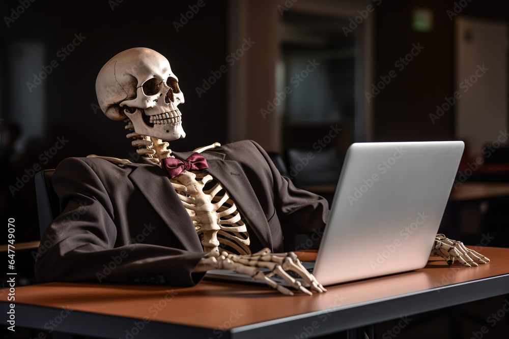 skeleton in a suit in front of the laptop, concept of overworking and ...
