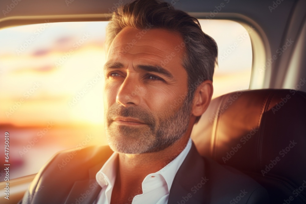 Portrait of a man in business class. Rich businessman flies in private ...