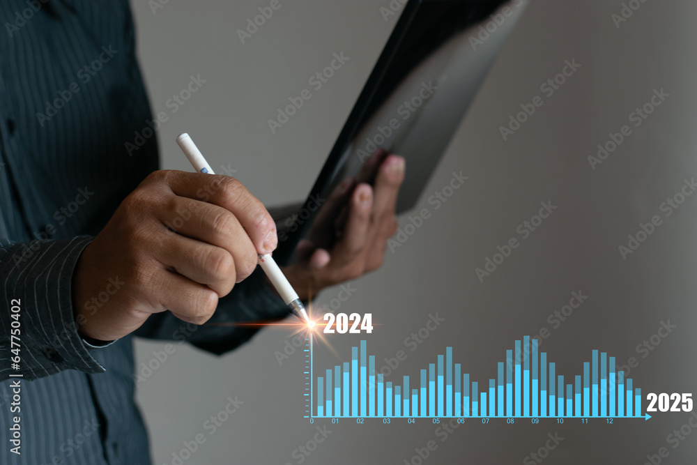 Happy New Year 2024, touch 2024 with your hand on the virtual reality ...