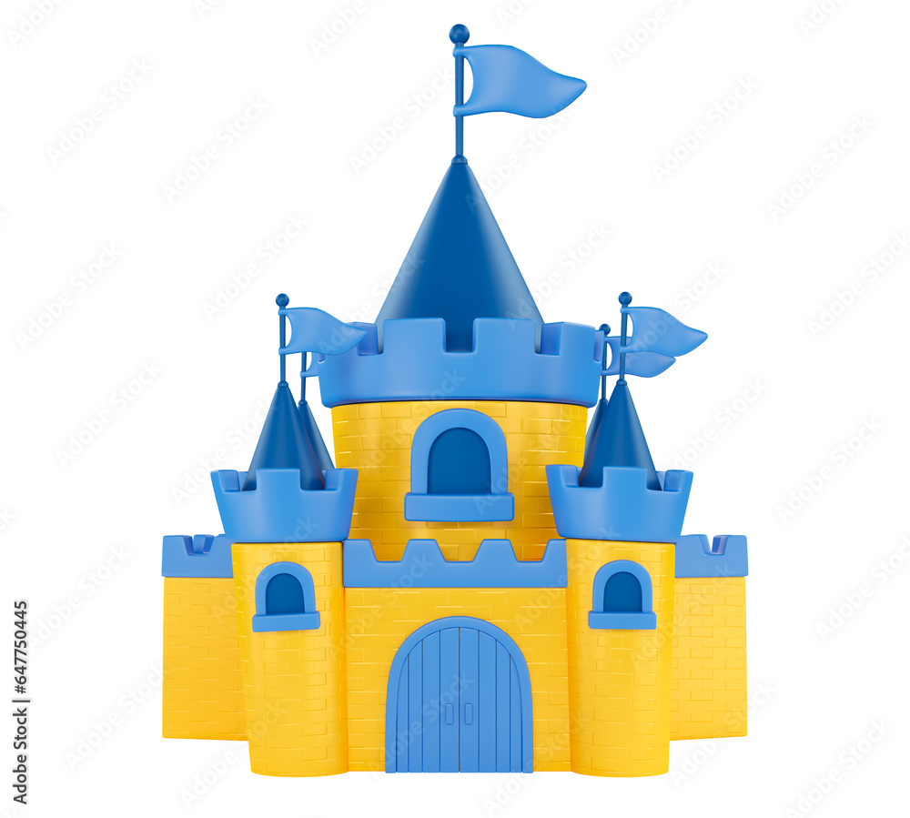 Blue and yellow children's castle n on transparent background in 3d ...