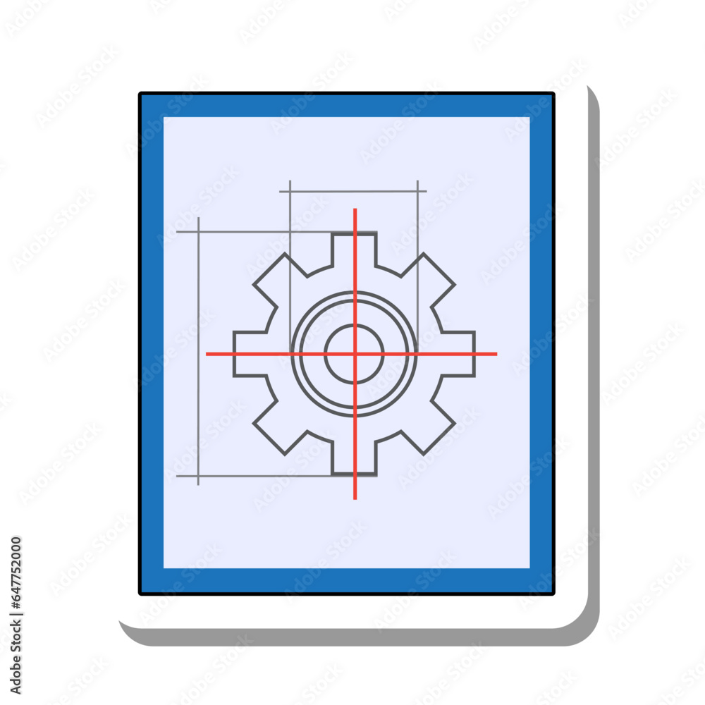 Plan drawing of gear scheme flat paper sticker icon. Equipment and ...