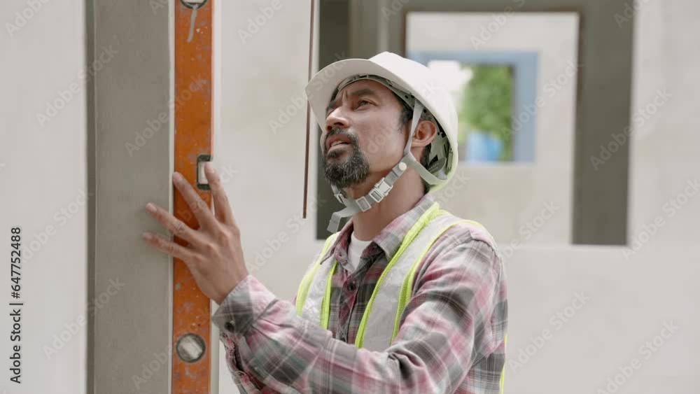 Indian construction worker with mustache uses water level measuring ...