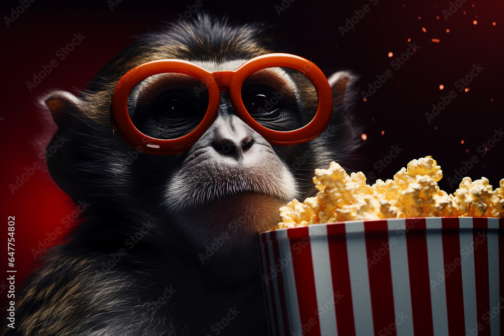 Funny little monkey watching movie at cinema wearing 3D goggles eating ...