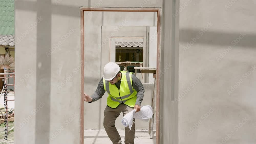 Asian chief architect checks door structure and cement wall and ...