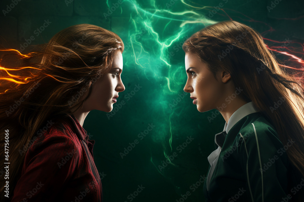 Generative ai collage picture of two witches have confrontation magical ...
