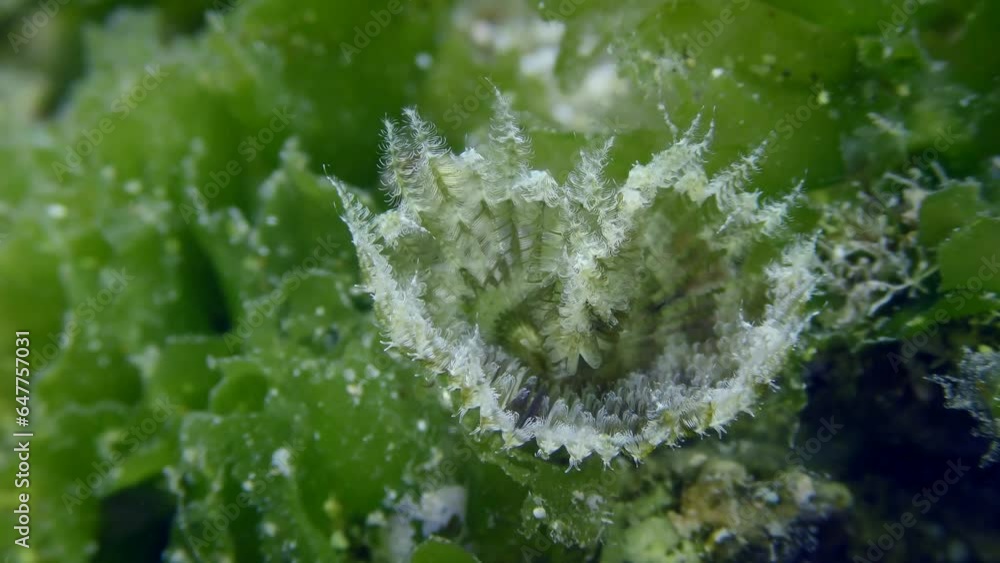 Peacock worm or Peacock feather duster worm (Sabella pavonina) hunts ...